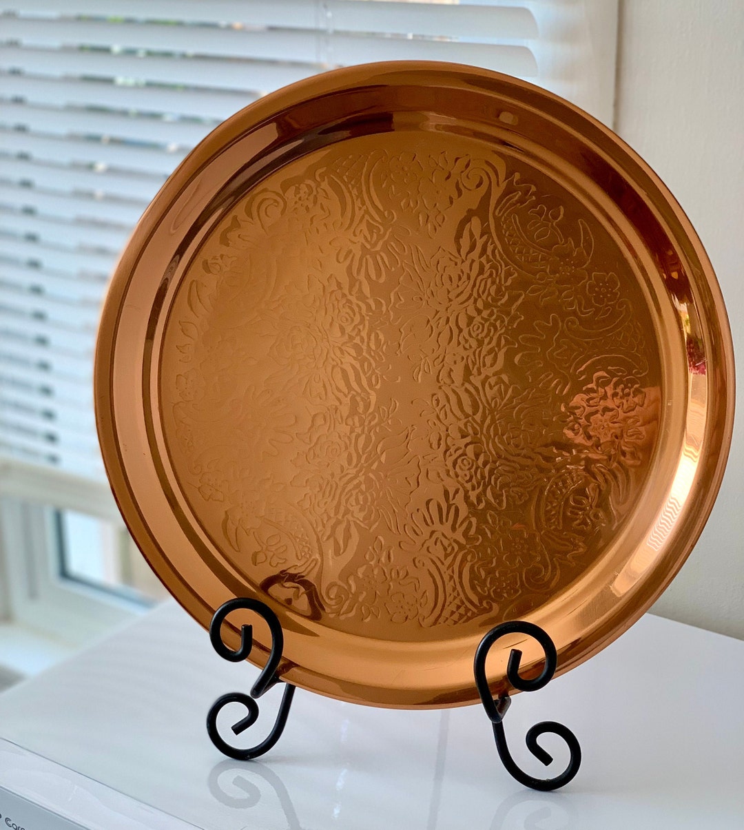 12 Inch Round Etched Copper Tray - Etsy