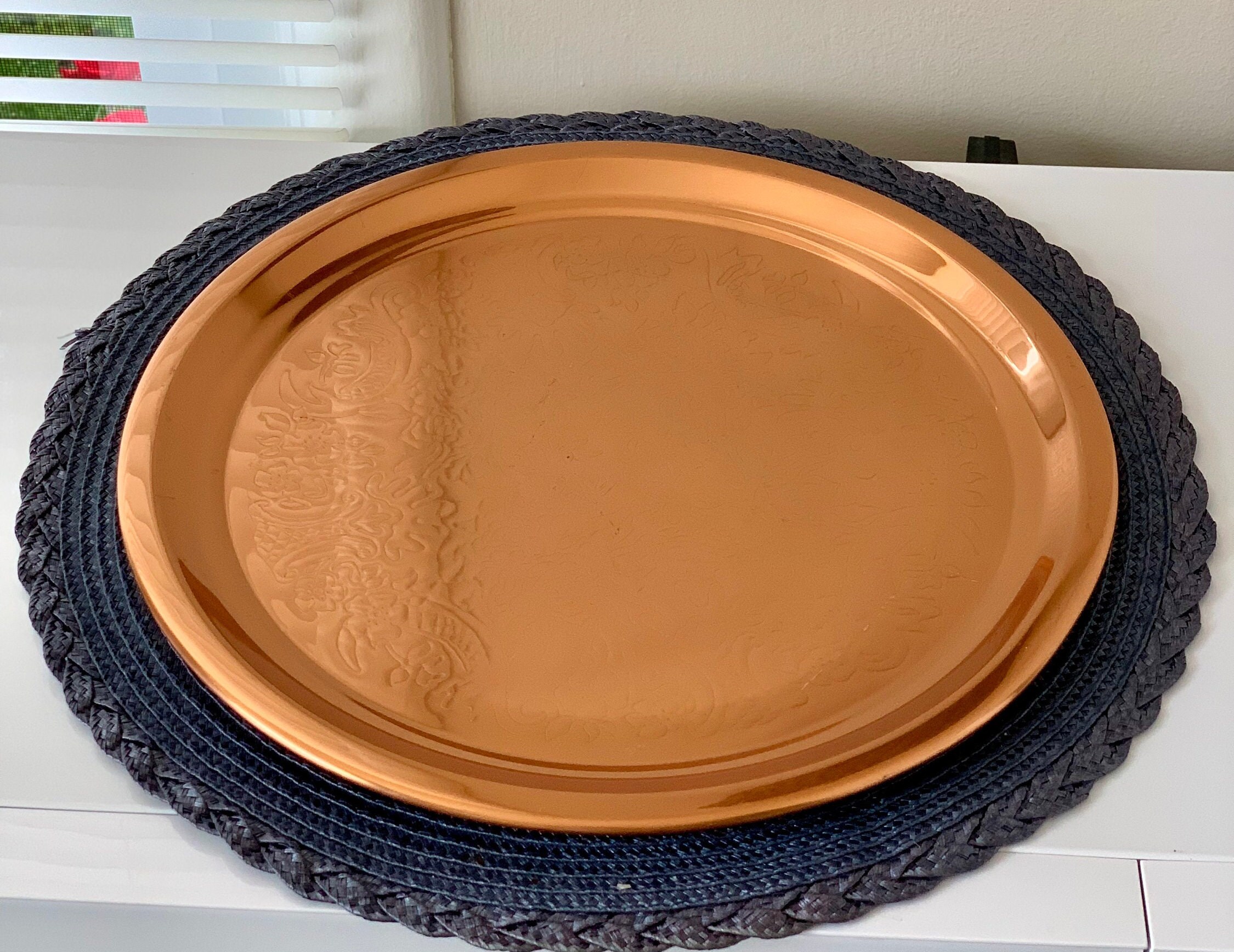 12 Inch Round Etched Copper Tray - Etsy
