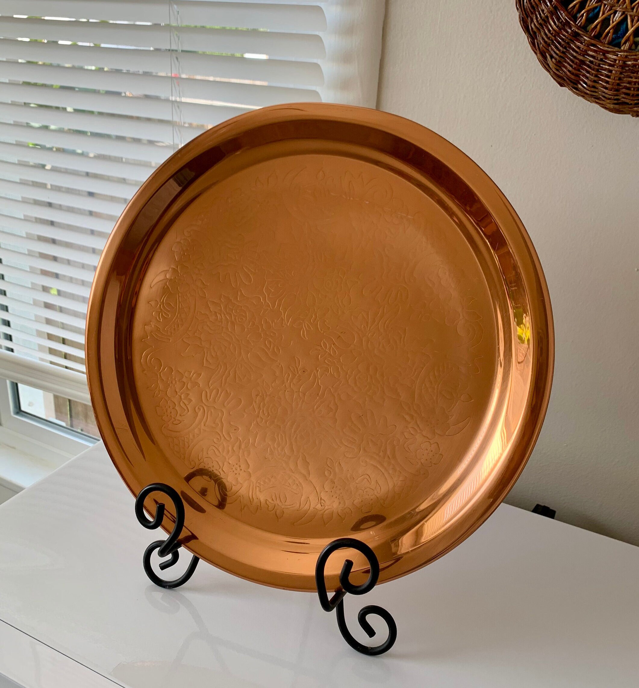 12 Inch Round Etched Copper Tray - Etsy