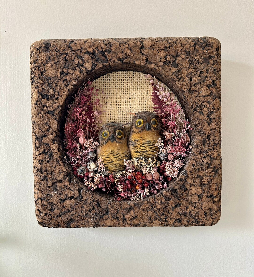 1970's Cork Frame With Two Owls and Dried Flowers Wall Art/ Picture - Etsy