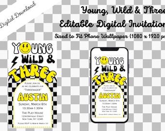 Young Wild and Three Invitation, 3rd Birthday, Retro Boy Birthday ...