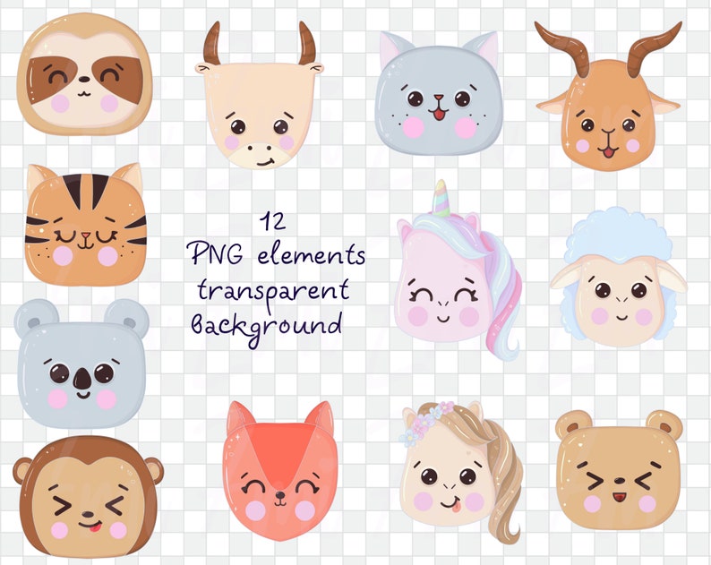 Cute Kawaii Animal Faces Clipart Png, Woodland, Farm, Wild Zoo Animals ...