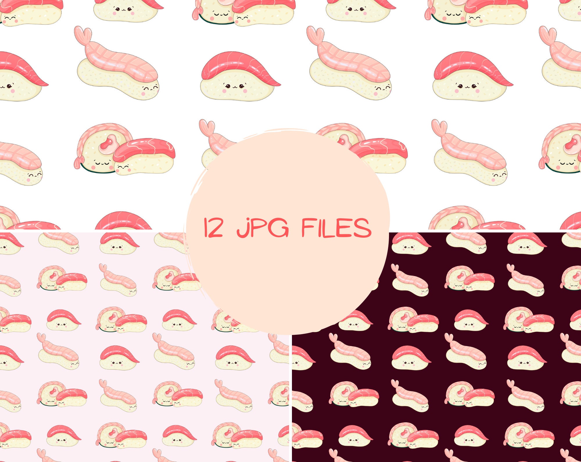 Cute Kawaii Sushi Digital Paper Set Kawaii Seamless Pattern Cute Food ...