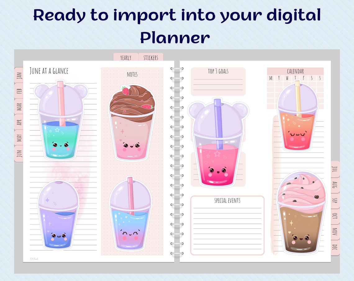 Kawaii Drink Digital Sticker Pack, Cute Bubble Tea Precropped Goodnotes ...