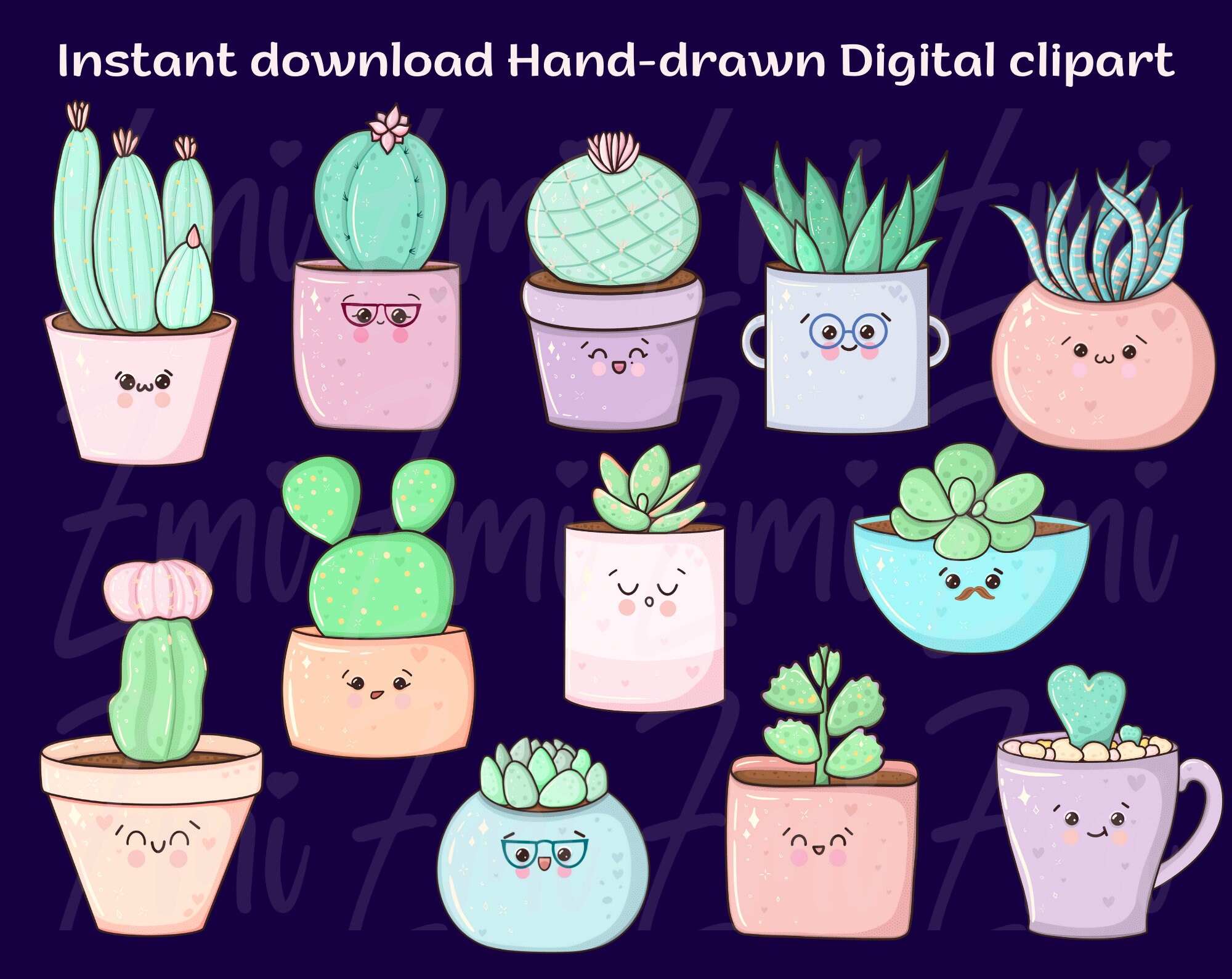 Cute Kawaii Character Succulent Clipart, Cactus Plant Png, Doodle Home ...