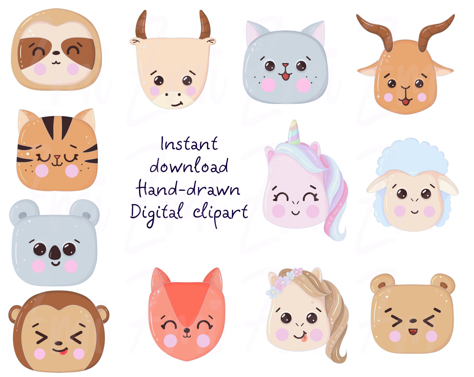 Cute Kawaii Animal Faces Clipart Png, Woodland, Farm, Wild Zoo Animals ...