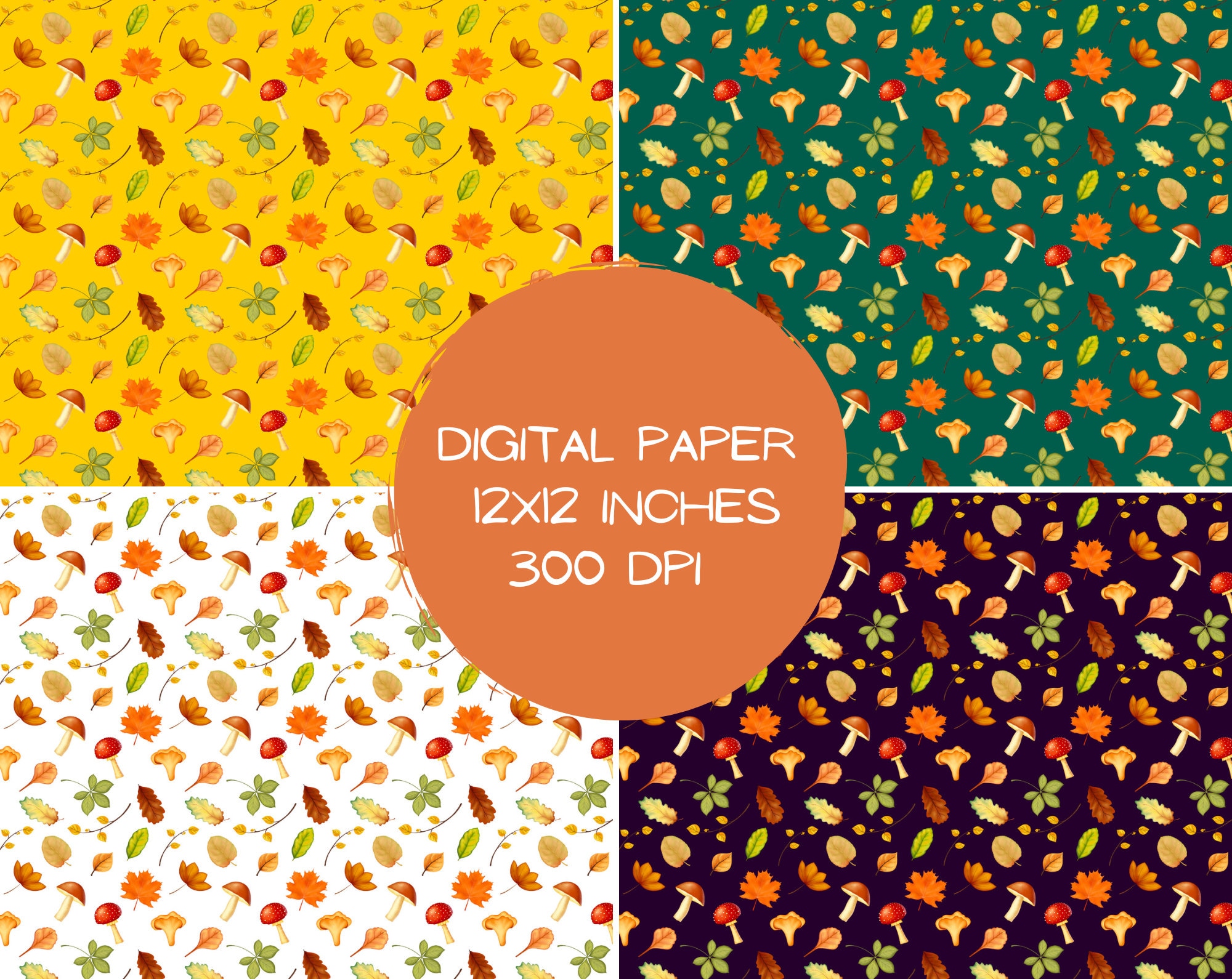 Fall Digital Paper, Autumn Background, Fall Seamless Pattern, Mushrooms ...