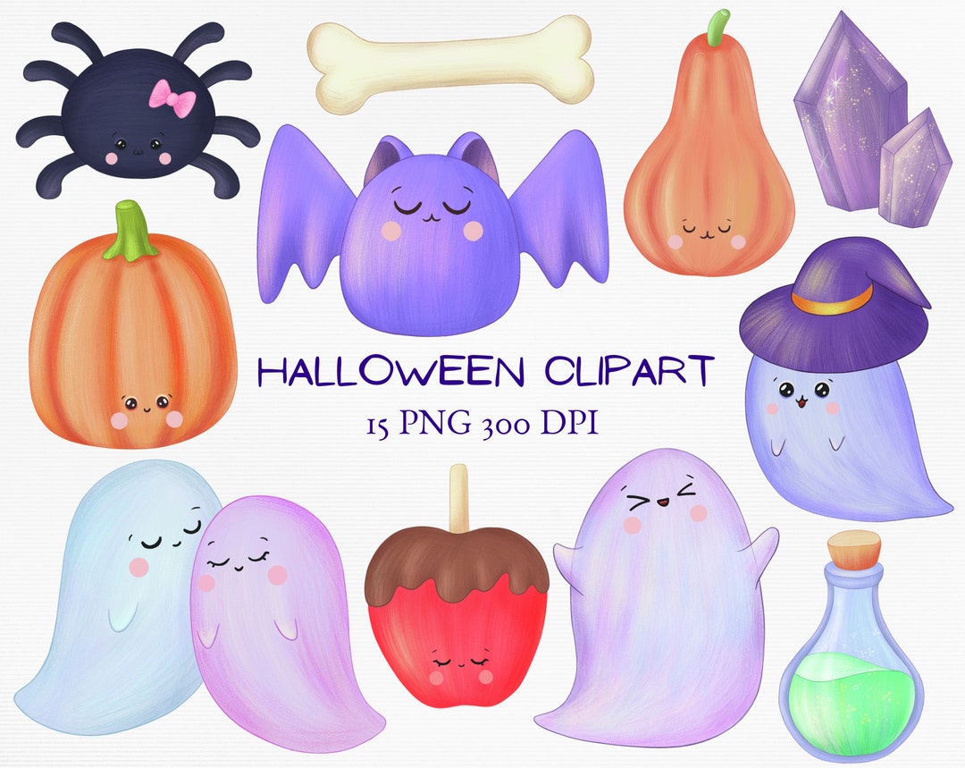 Halloween Clipart, Kawaii Halloween PNG, Cute Ghost, Pumpkin, Spider ...