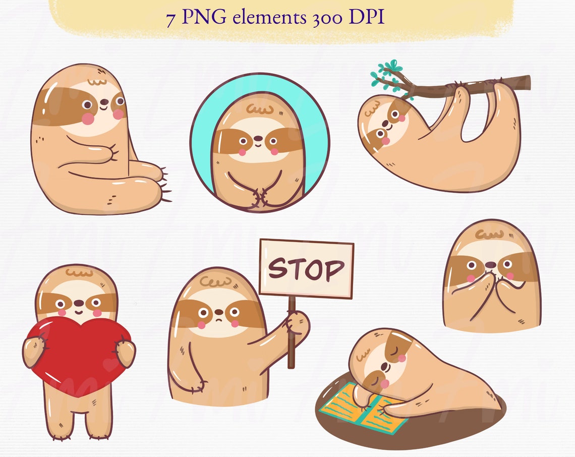 Cute Sloth Clipart Set Printable PNG Files Funny Kawaii Doodle Animal ...