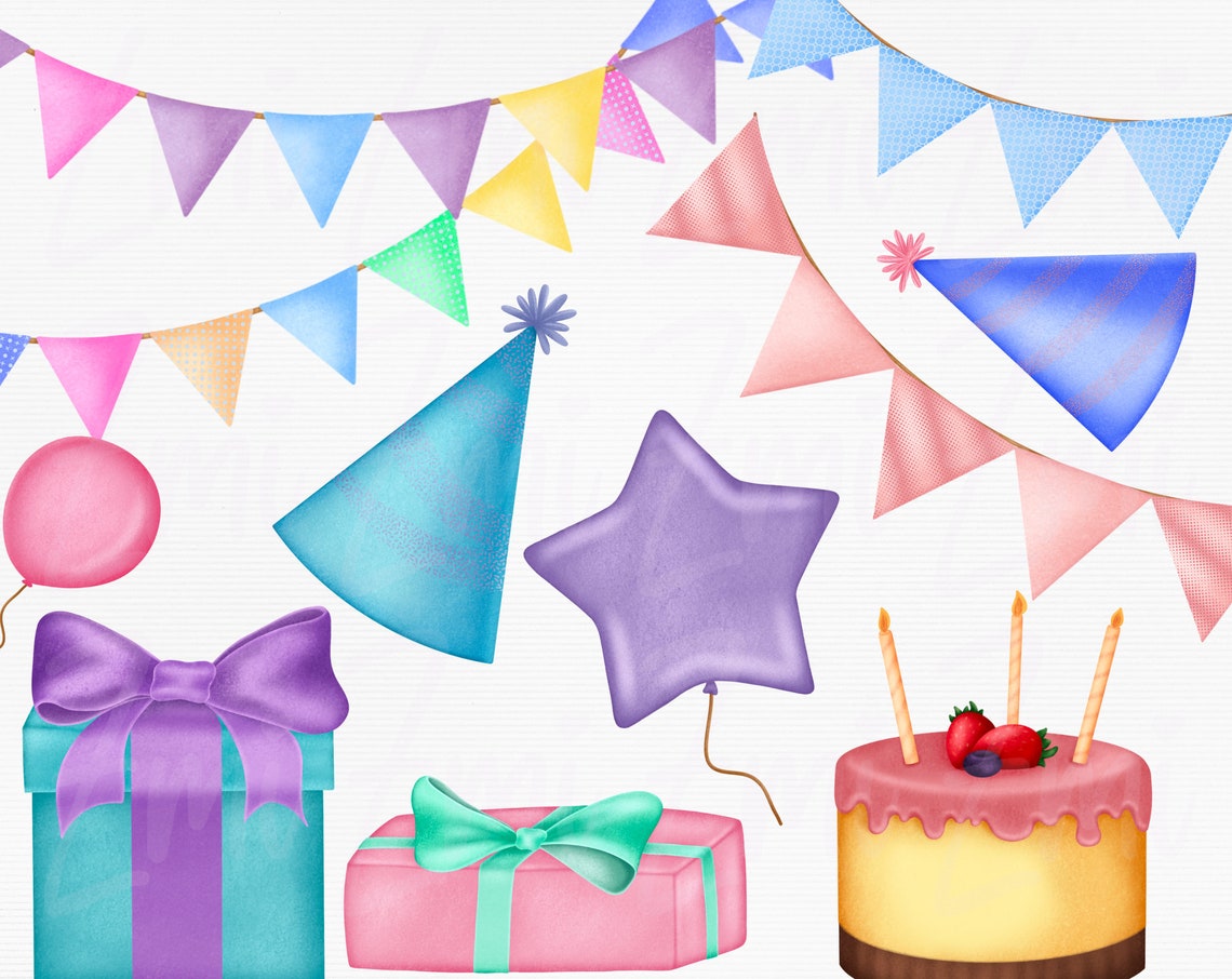 Happy Birthday Clipart, Party Balloons Png, Gift Box Bunting Banners ...