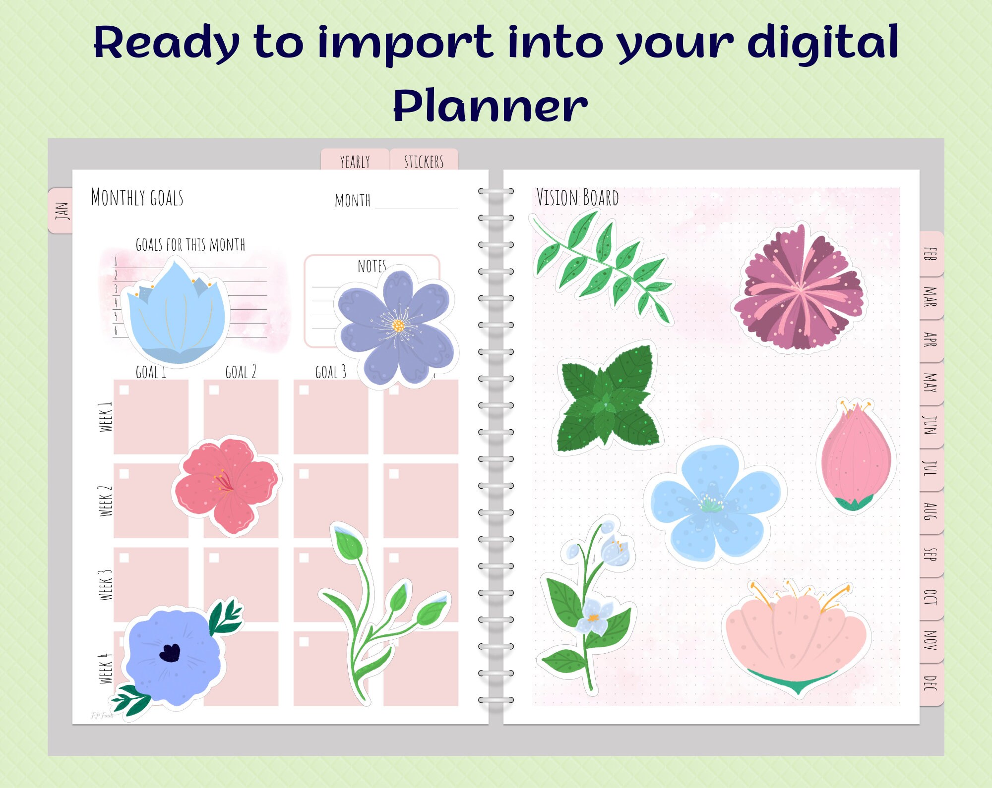 Botanical Flower Digital Sticker Pack Png for Goodnotes Planner ...