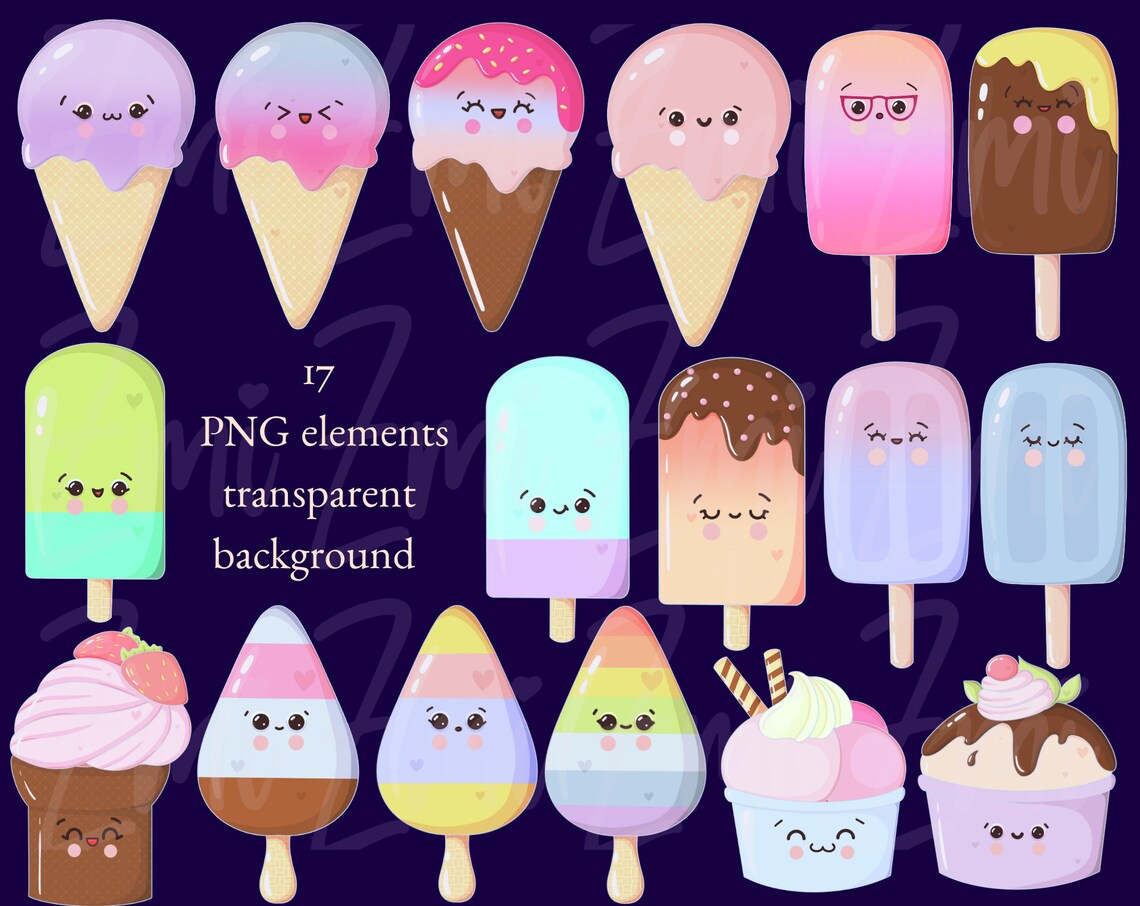 Ice Cream Cone Png Clipart Set, Kawaii Popsicle, Cute Printable, Summer ...