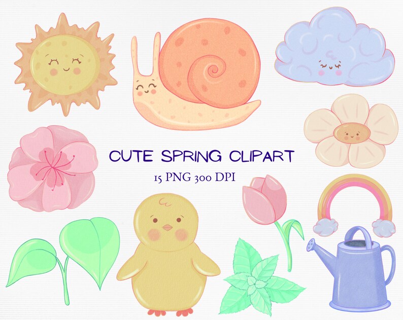 Hello Spring PNG, Garden Clipart, Cute Kawaii Characters, Sun, Rainbow ...
