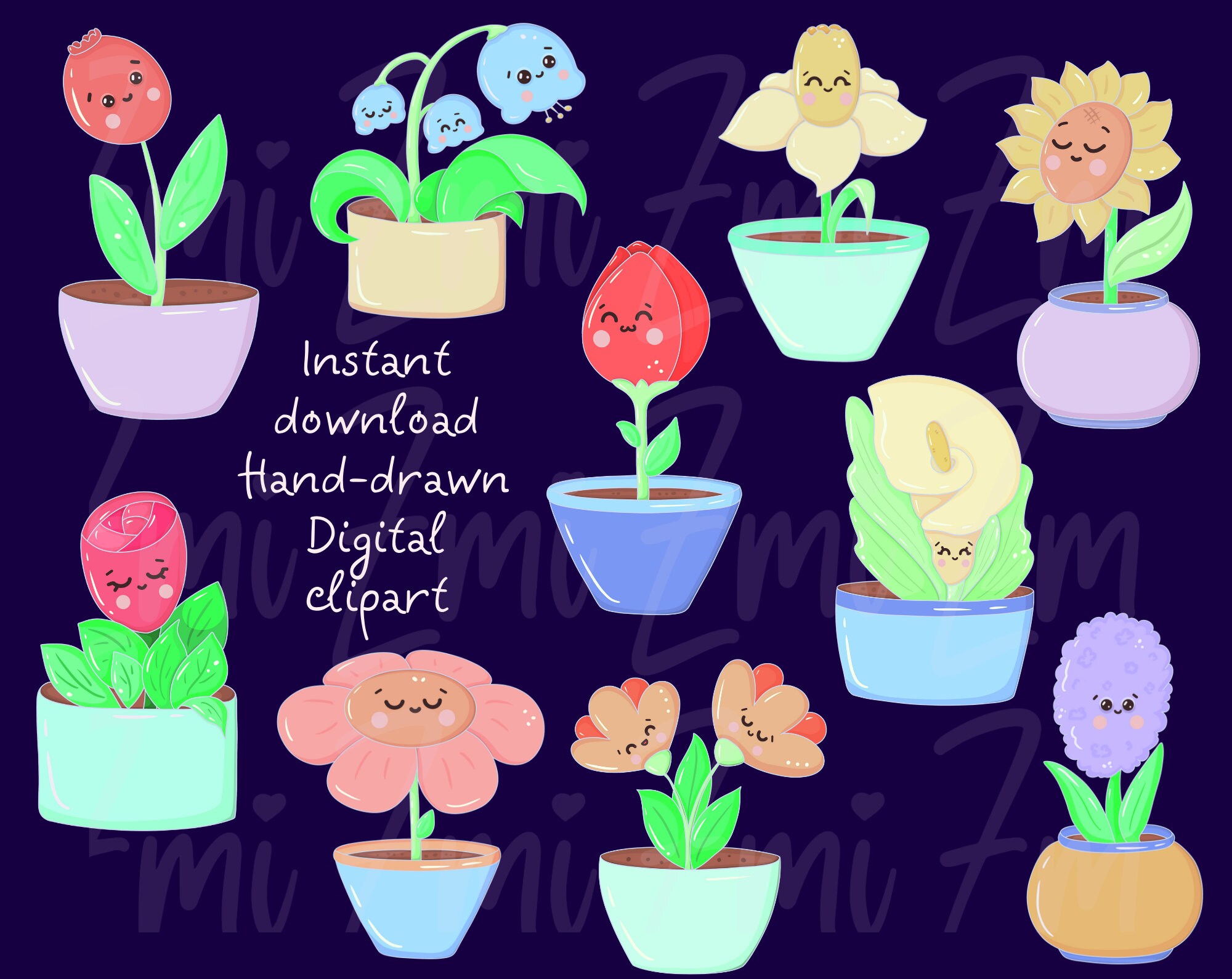 Cute Kawaii Flowers Clipart Spring Plants PNG Tulip - Etsy UK