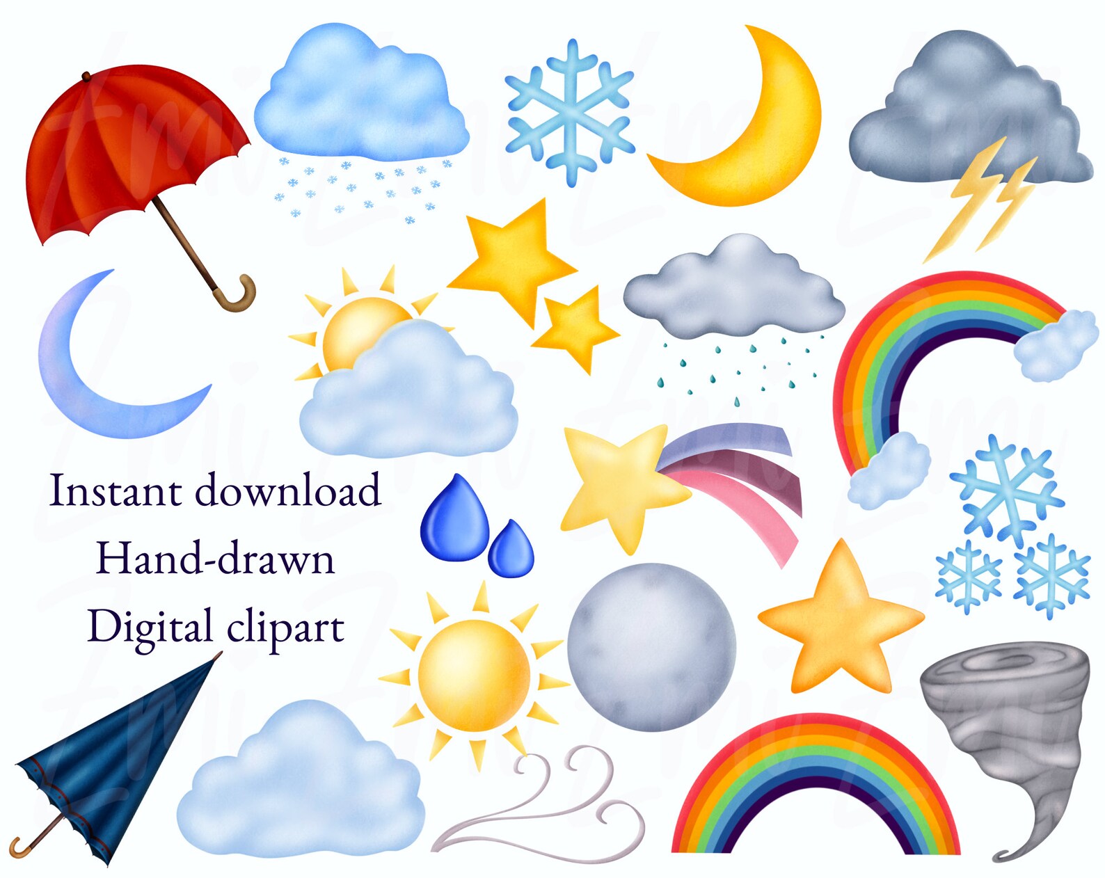 Weather Clipart, Sun Clipart, Clouds PNG, Seasons Graphics, Rainbow ...