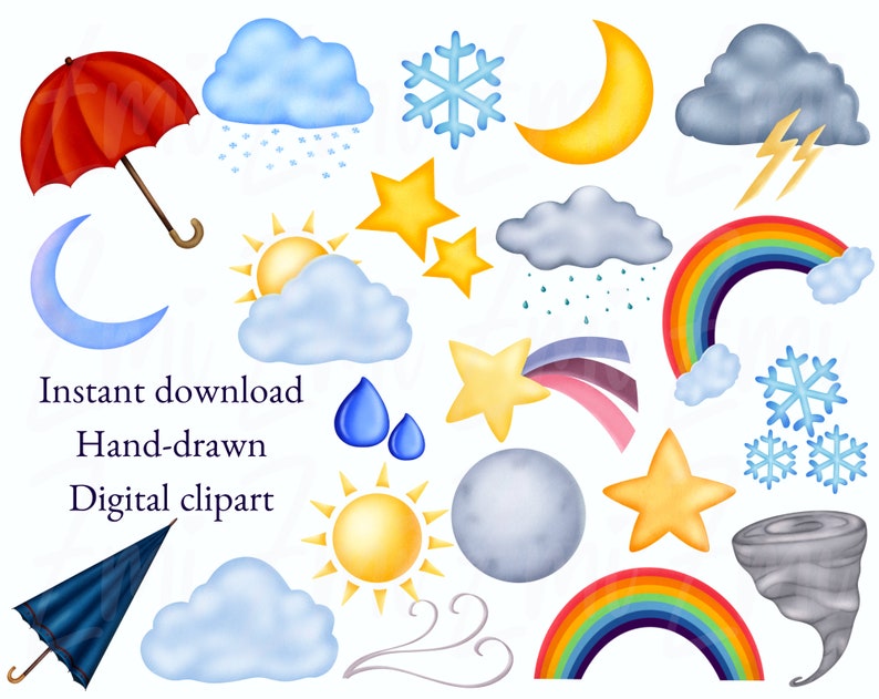 Weather Clipart, Sun Clipart, Clouds PNG, Seasons Graphics, Rainbow ...