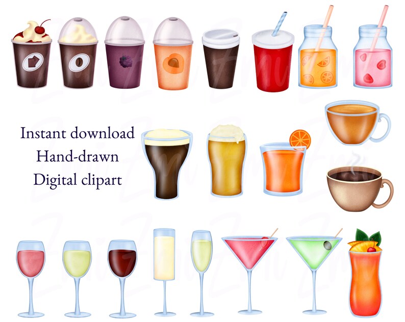 Drink Clipart, Beverage Png, Wine Champagne Beer Printable Bundle ...