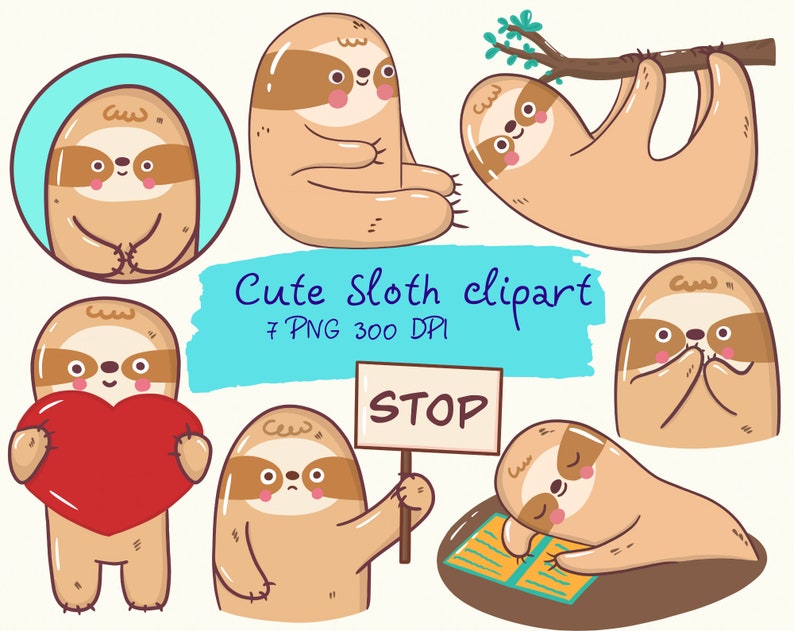 Cute Kawaii Sloth Clipart, Character Animals Png, Doodle Cartoon Sloth ...