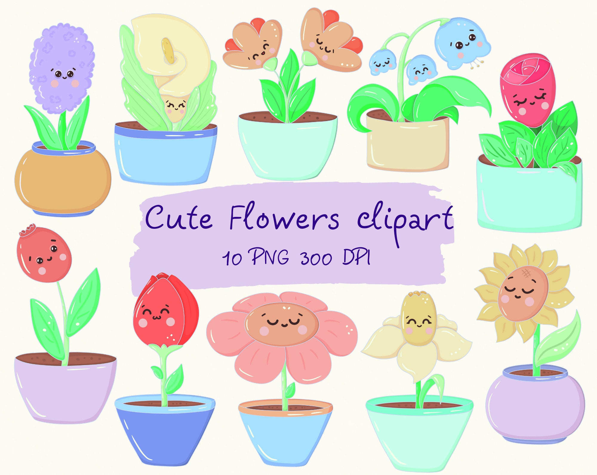 Cute Kawaii Flowers Clipart, Spring Plants PNG, Tulip Sunflower Rose ...