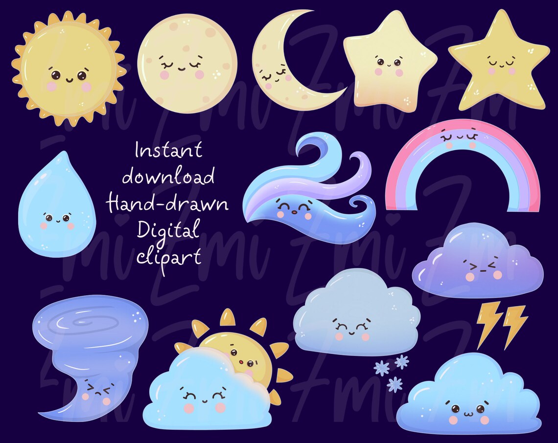 Cute Kawaii Weather Clipart, Sun Clouds Rainbow PNG, Moon Stars Image ...