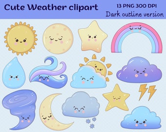 Cute Kawaii Weather Clipart Sun Clouds Rainbow PNG Blue | Etsy
