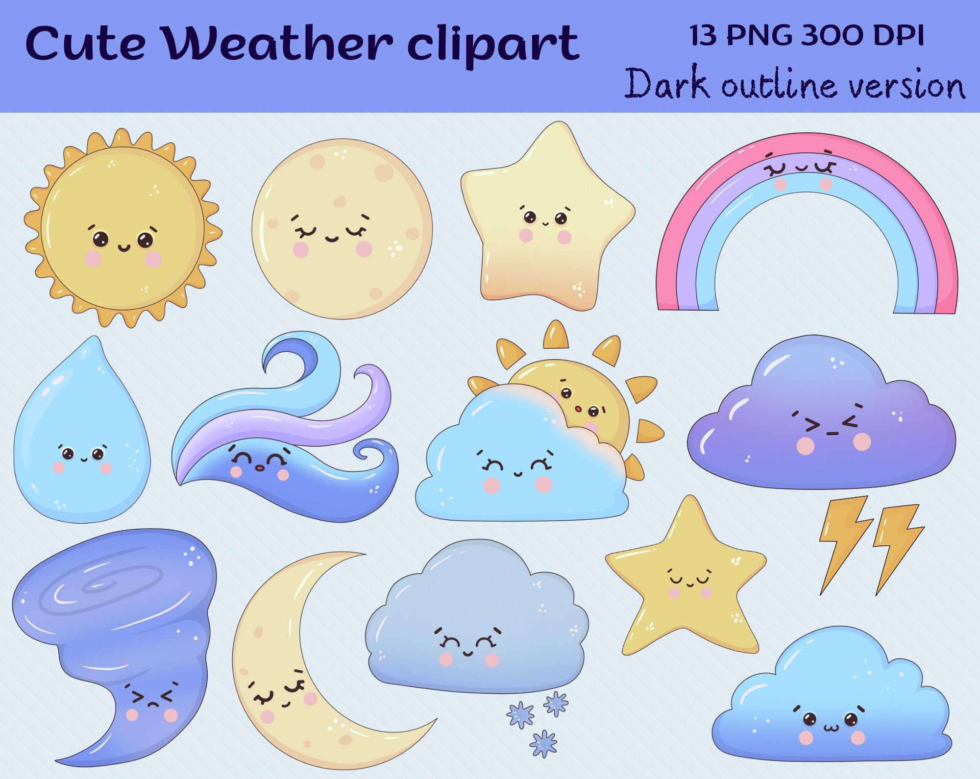 Cute Kawaii Weather Clipart, Sun Clouds Rainbow PNG, Moon Stars Image ...