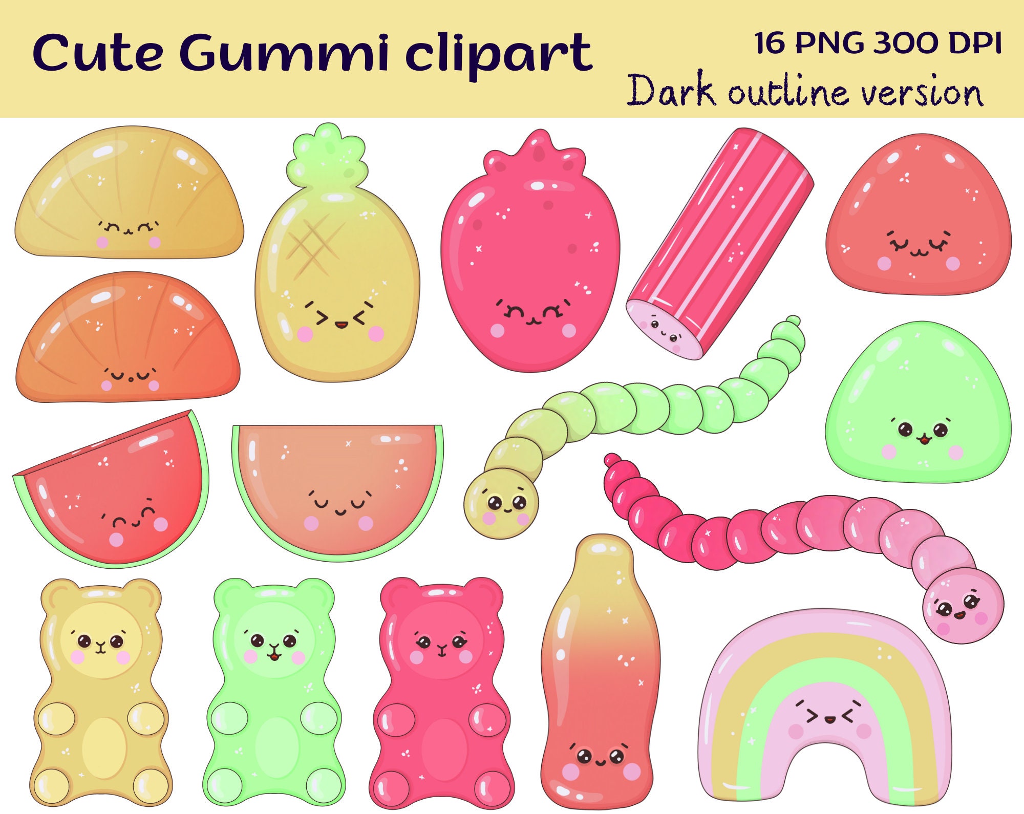 Kawaii Gummy Bears Candy Png Clipart Set, Gummi Fruits Cute Printable ...