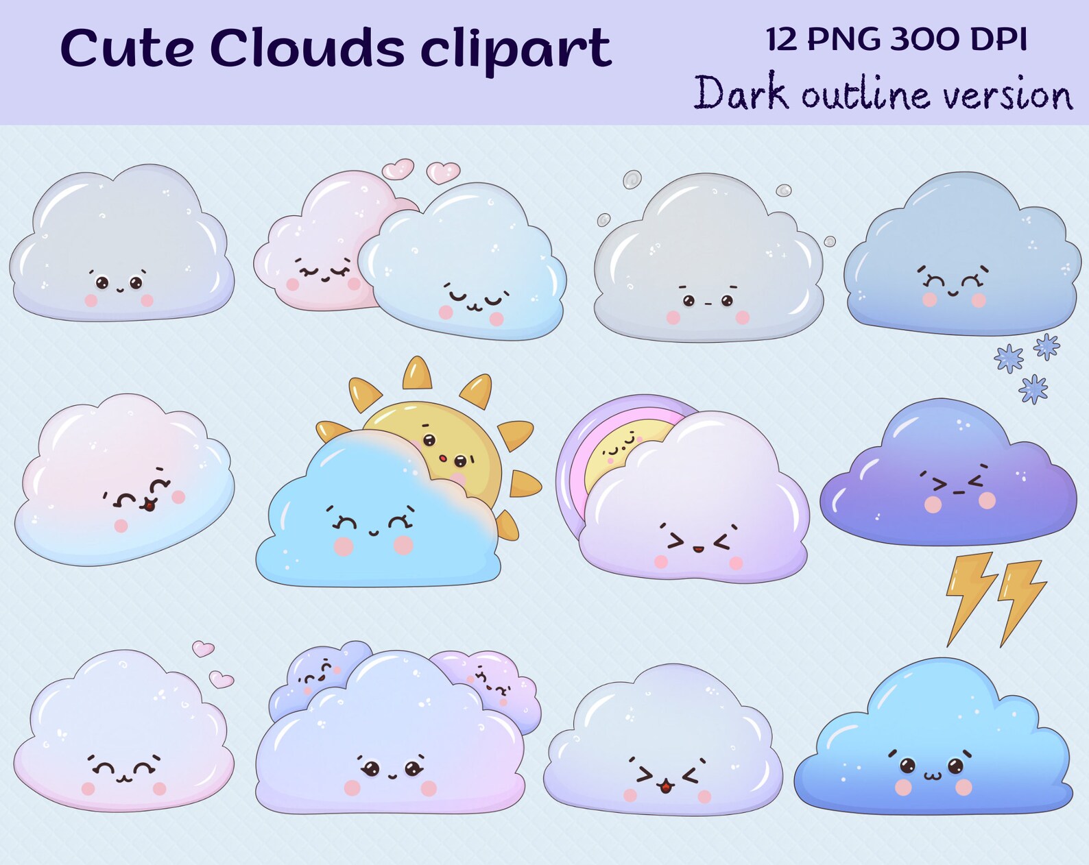 Cute Kawaii Weather Clipart, Sun Clouds Rainbow PNG, Blue Cloud Image ...