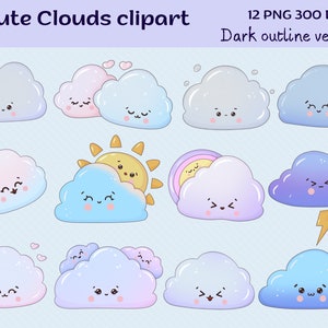 Cute Kawaii Weather Clipart, Sun Clouds Rainbow PNG, Blue Cloud Image ...