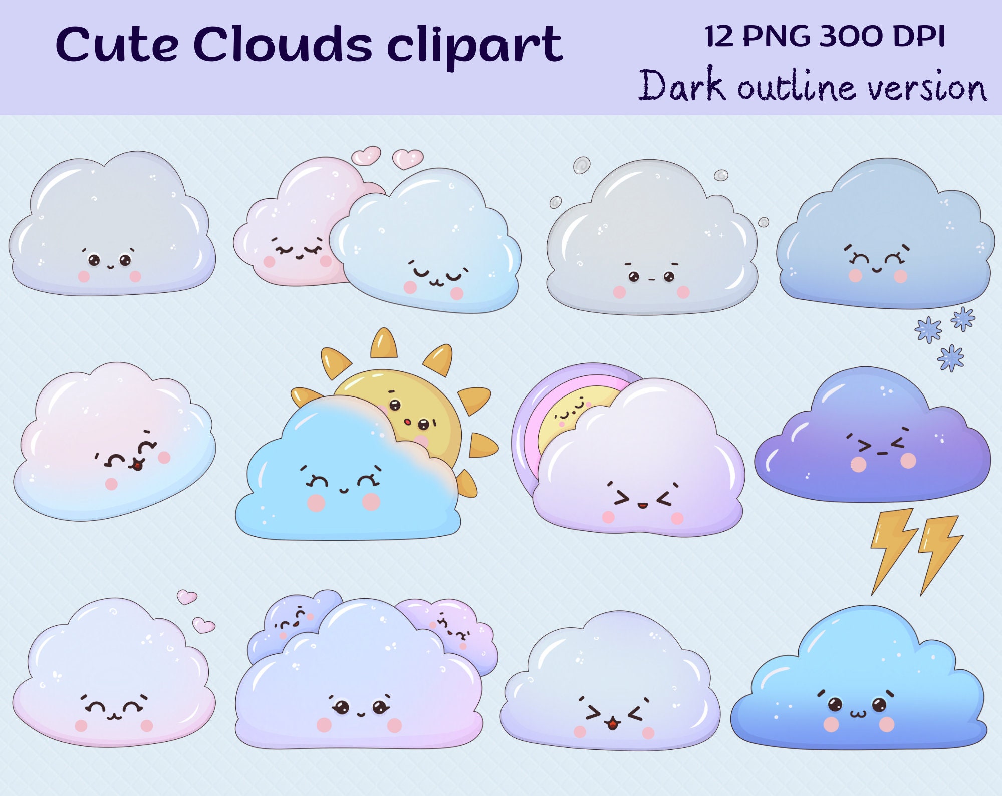 Cute Kawaii Weather Clipart, Sun Clouds Rainbow PNG, Blue Cloud Image ...