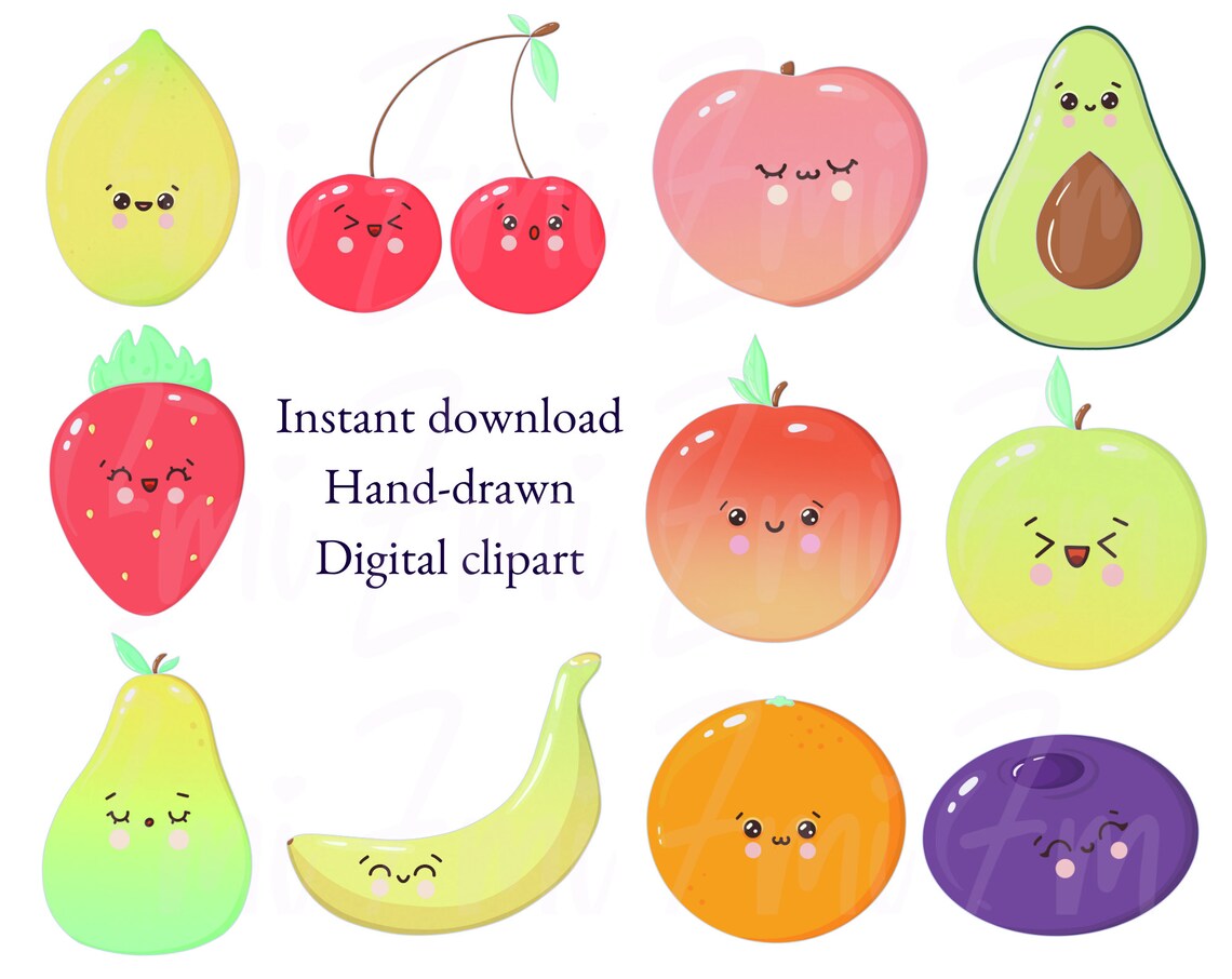 Kawaii Cute Fruit Clipart Cherry Png Banana Strawberry - Etsy
