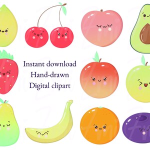 Kawaii Cute Fruit Clipart, Cherry Png, Banana, Strawberry, Apple ...