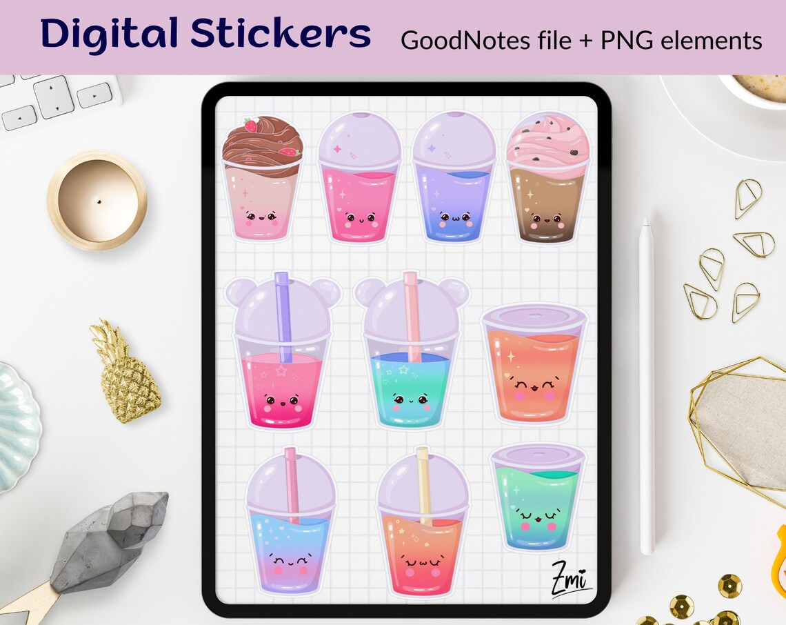 Kawaii Drink Digital Sticker Pack, Cute Bubble Tea Precropped Goodnotes ...