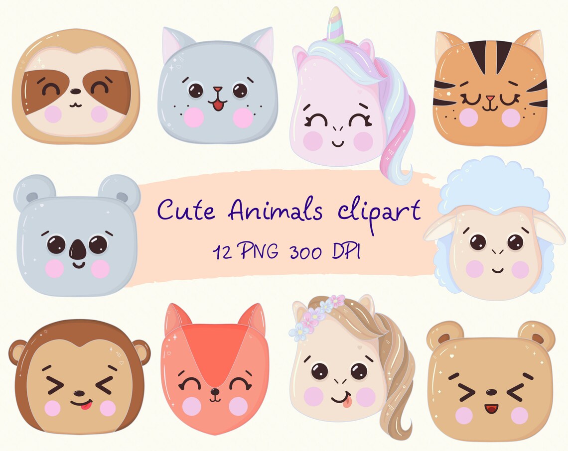 Cute Kawaii Animal Faces Clipart Png, Woodland, Farm, Wild Zoo Animals ...