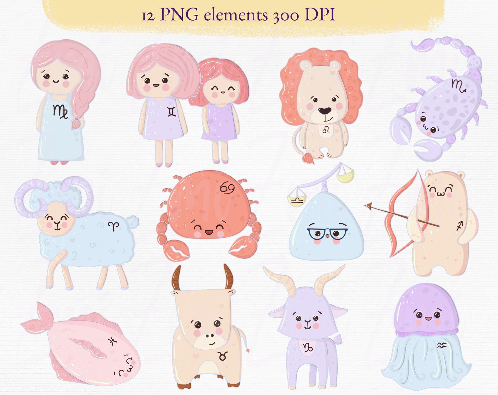 Cute Zodiac Clipart | Kawaii Zodiac Sign PNG Bundle | Printable ...