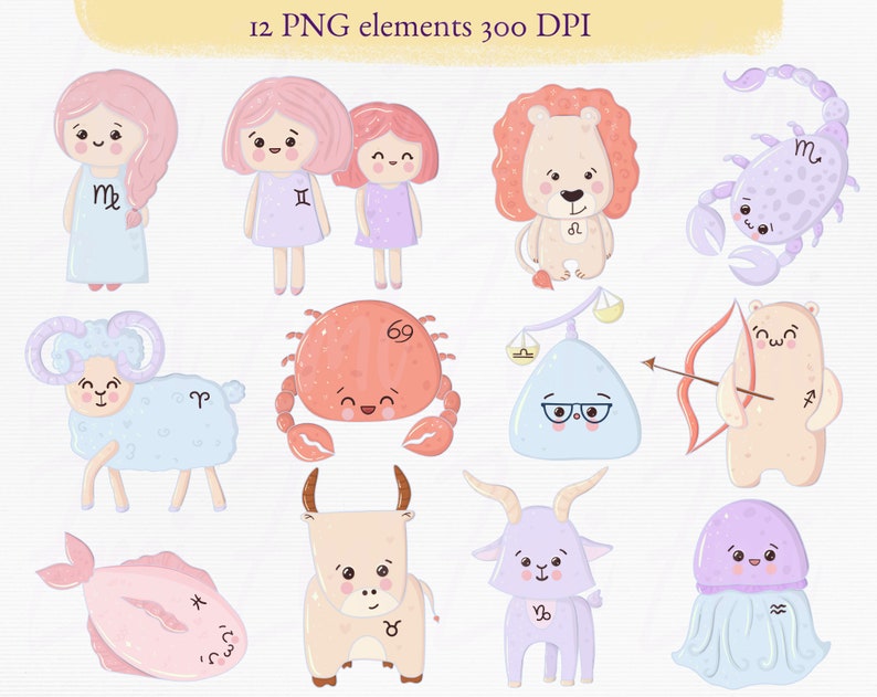 Cute Zodiac Clipart | Kawaii Zodiac Sign PNG Bundle | Printable ...