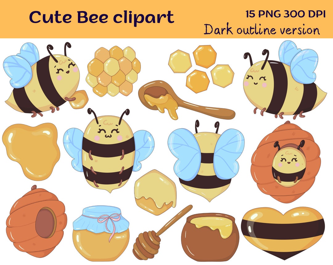 Cute Bee Clipart, Kawaii Honey Png, Yellow Honey Bee Graphics, Lovely ...