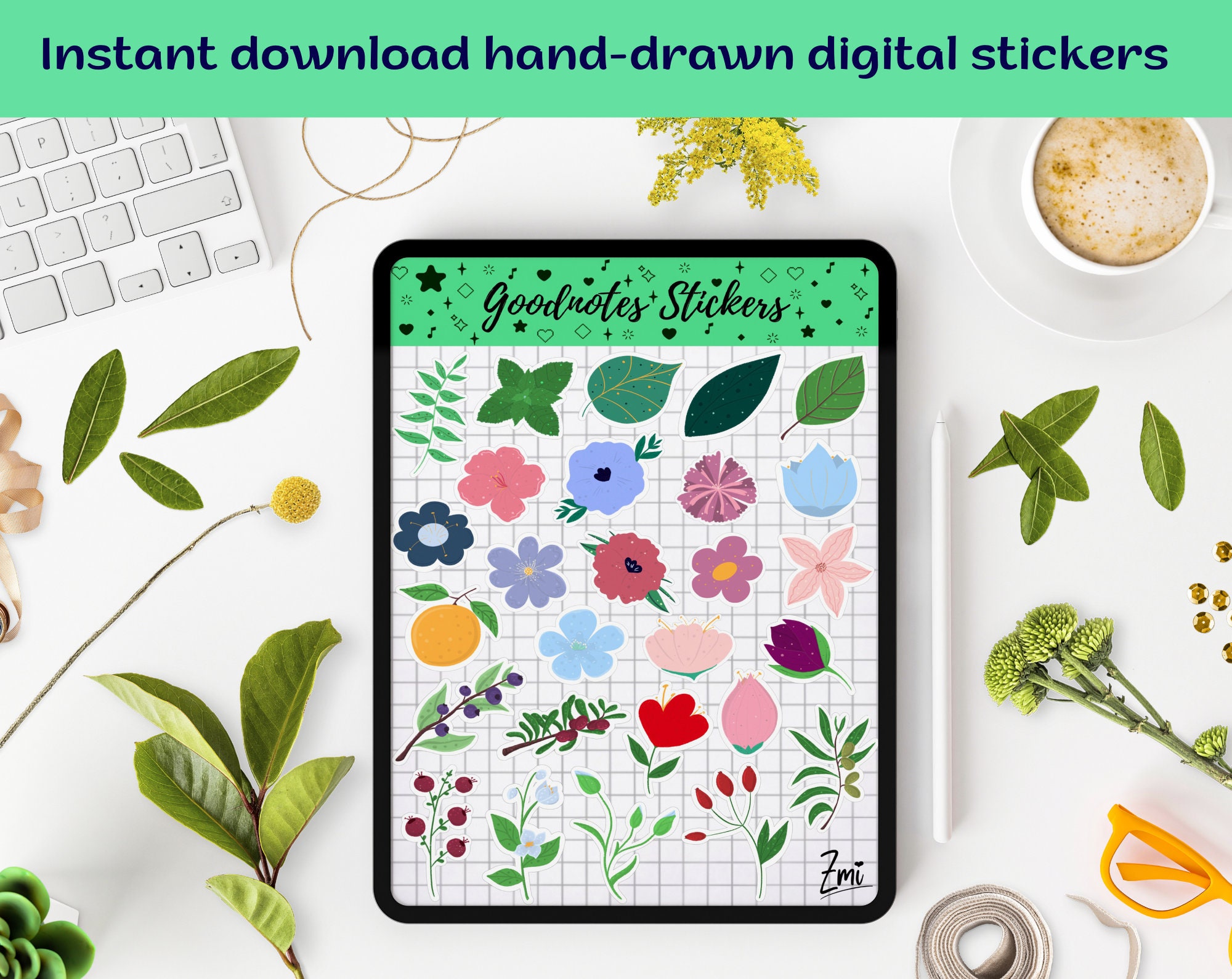 Botanical Flower Digital Sticker Pack Png for Goodnotes Planner ...