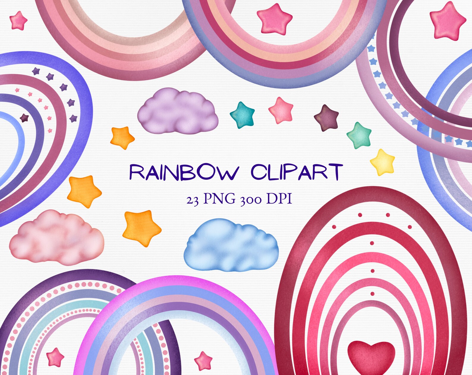 Rainbow Clipart, Boho Clouds PNG, Stars, Rainbows, Celestial Hand Drawn ...