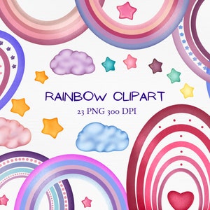Rainbow Clipart, Boho Clouds PNG, Stars, Rainbows, Celestial Hand Drawn ...