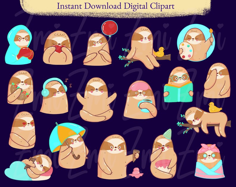 Funny Sloth Clipart Set Cute Animal Printable Kawaii Clipart for ...