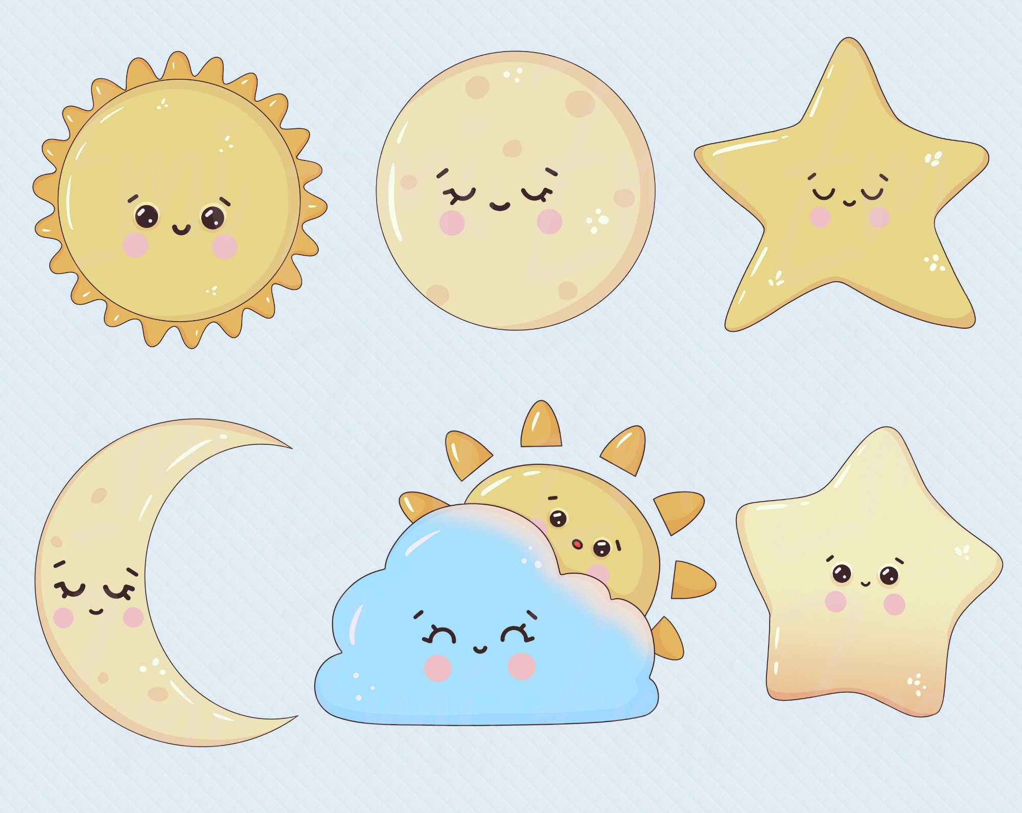 Cute Kawaii Weather Clipart, Sun Clouds Rainbow PNG, Moon Stars Image ...