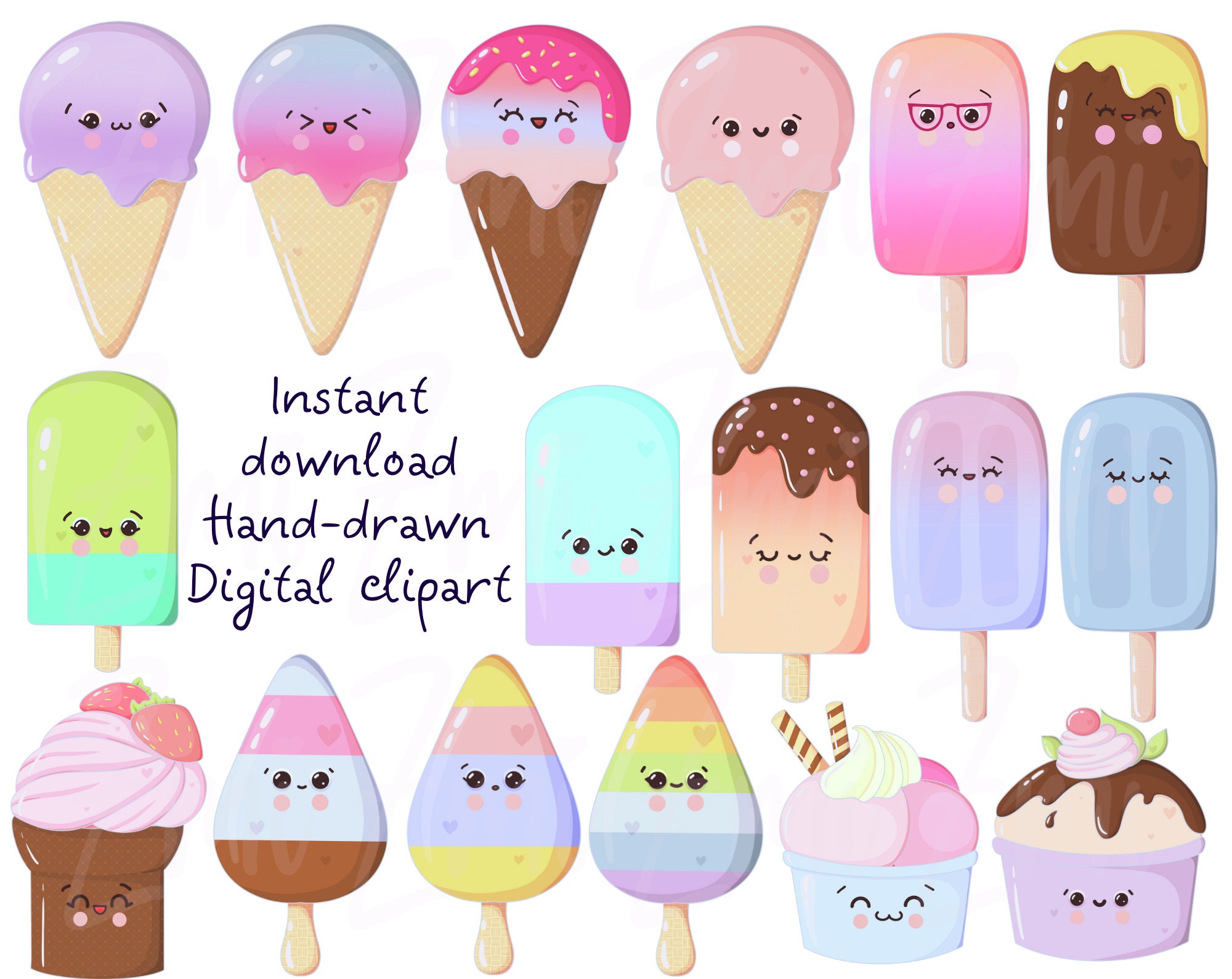 Ice Cream Cone Png Clipart Set Kawaii Popsicle Cute | Etsy UK