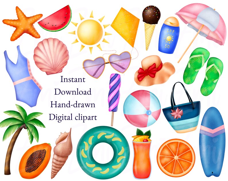 Summer Clipart, Beach Png Tropical Illustration, Ice Cream Papaya ...