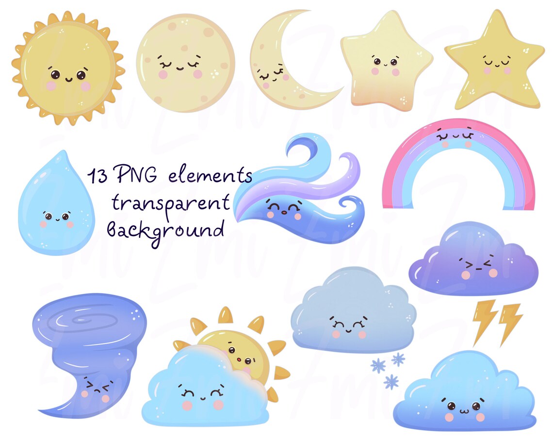 Cute Kawaii Weather Clipart, Sun Clouds Rainbow PNG, Moon Stars Image ...