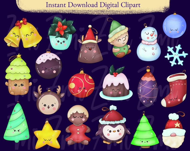 Cute Christmas Clipart | Kawaii Holiday PNG Graphics | Printable Winter ...