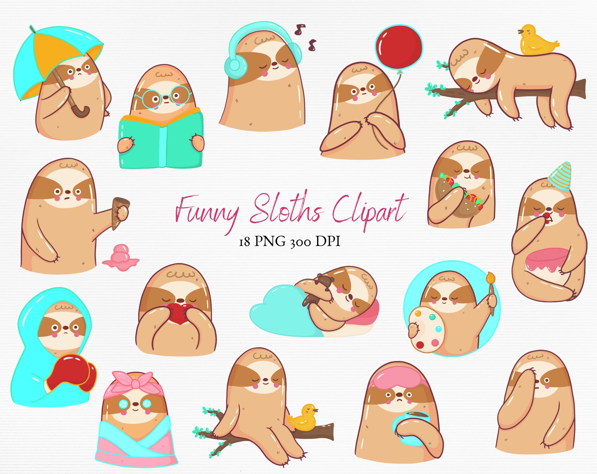 Funny Sloth Clipart Set Cute Animal Printable Kawaii Clipart for ...