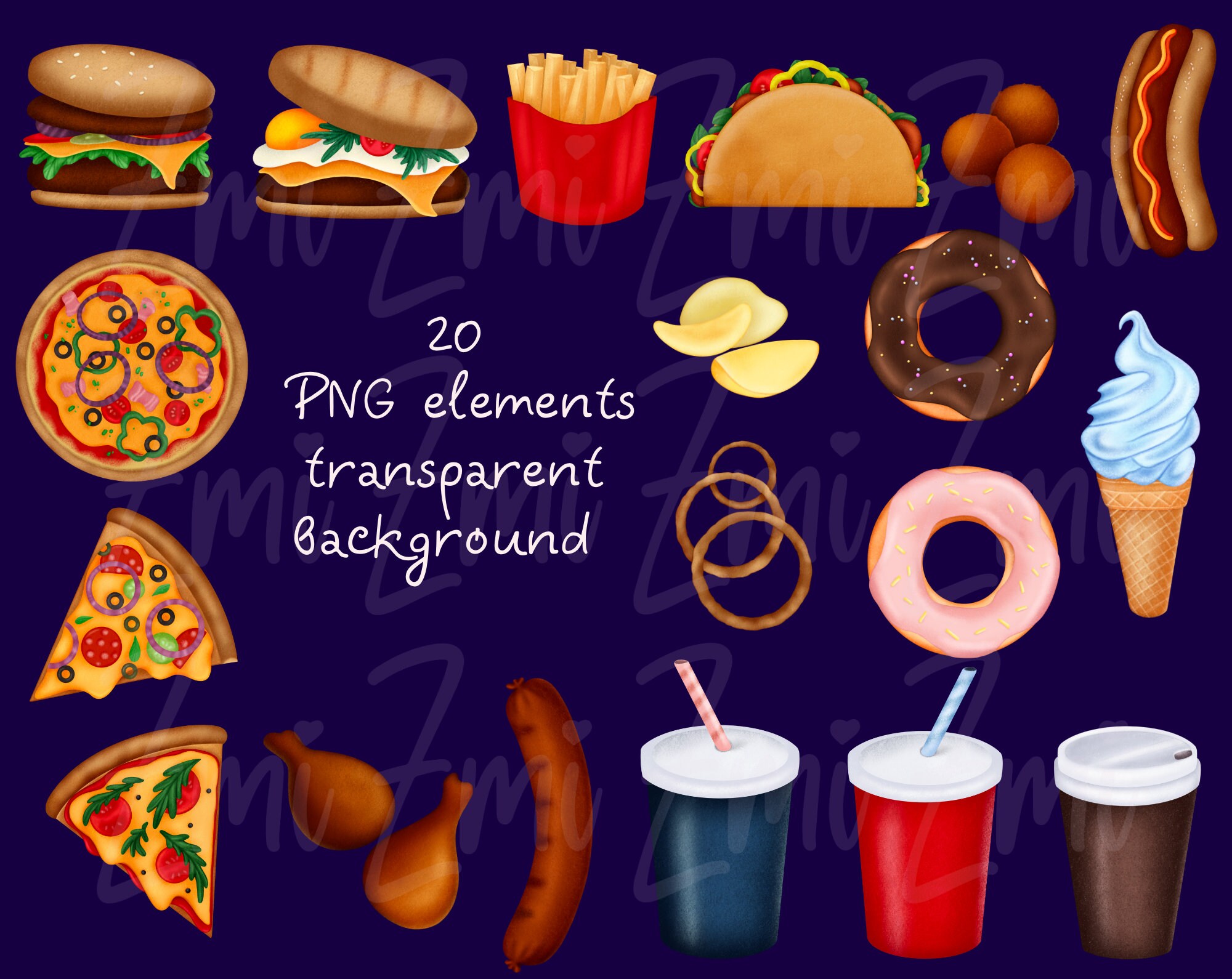 Fast Food Clipart Junk Food Clipart Pizza Hot Dog Burger - Etsy