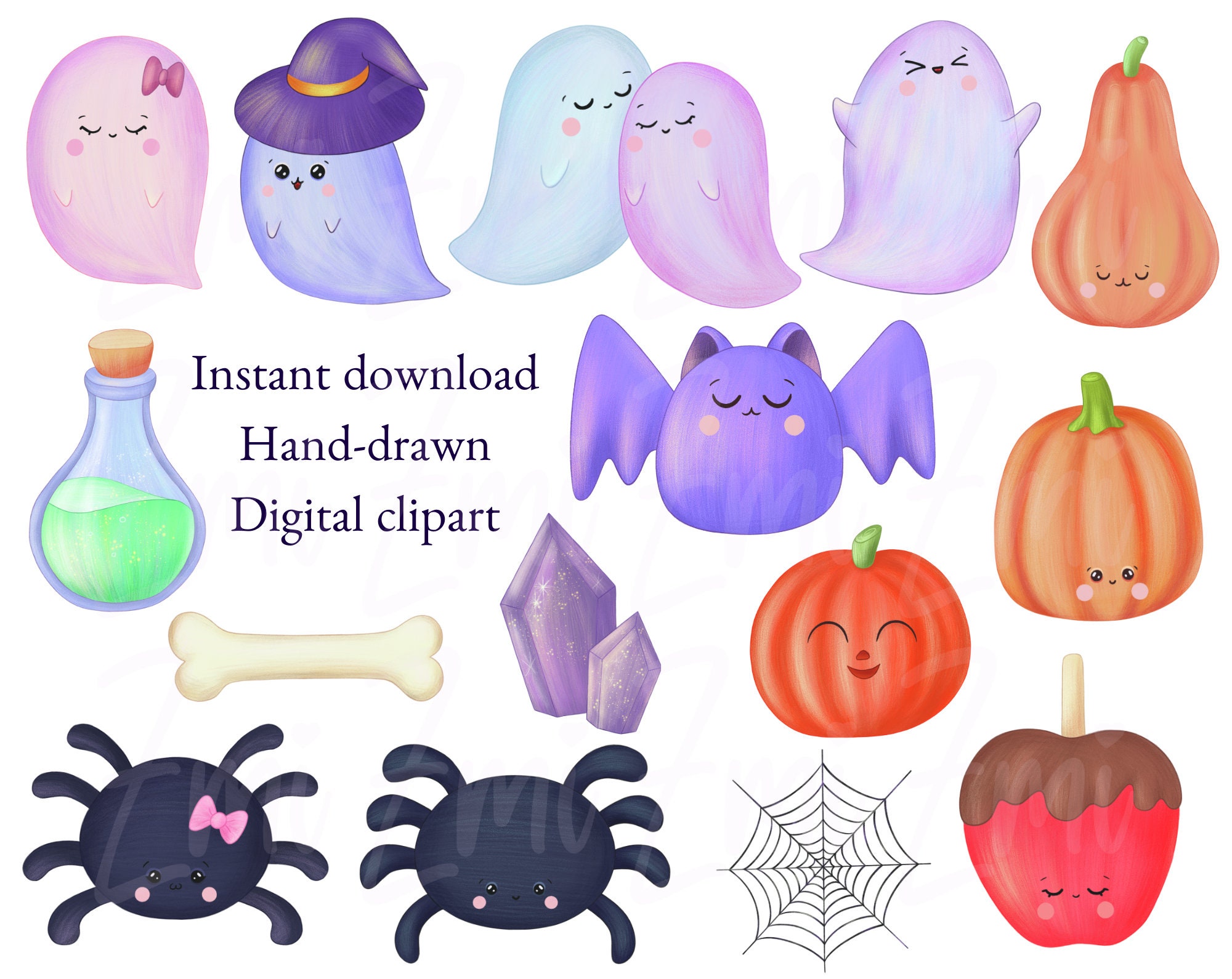 Halloween Clipart, Kawaii Halloween PNG, Cute Ghost, Pumpkin, Spider ...