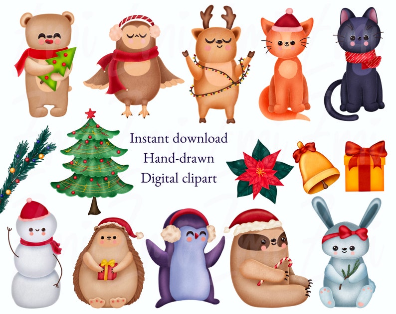 Christmas Animals Clipart, Woodland Animals PNG, Merry Christmas, Cute ...